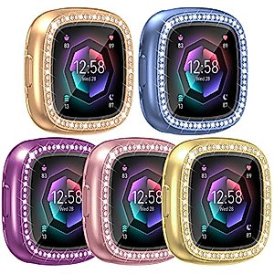 Wugongyan Compatible with Fitbit Versa 4 & Fitbit Sense 2 Screen Protector Case Bling Diamond Crystal TPU Full Protective Face Cover for Women Girls Smartwatch Accessories(5-Pack, Brilliant Colors)