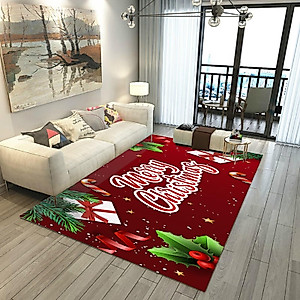 FUYEUN 5' X 7' Christmas Rug Merry Xmas Door Mat Non-Slip Indoor Outdoor Front Door Doormat Living Room Bedroom Entrance Rug Happy Xmas Home Festive Decoration