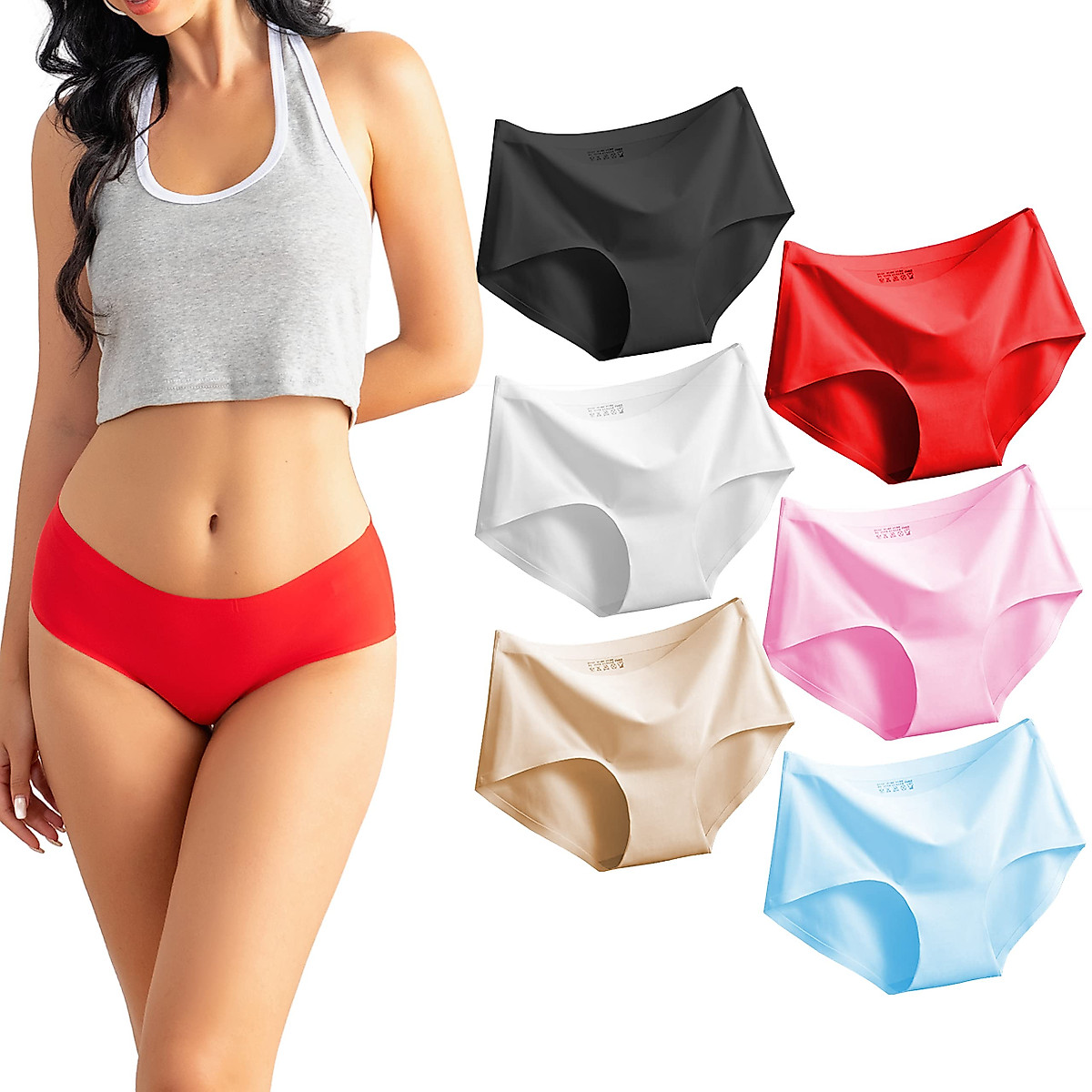 Women’s 6 Pack Seamless Basic Invisible Underwears Bikini Hipster Briefs Panties FULL BACK 6 Colors Large