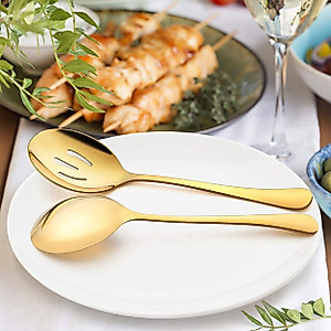 LIANYU 8-Piece Large Gold Serving Spoons, Gold Slotted Serving Spoons, 9.8Inch Stainless Steel Serving Utensils for Party Buffet Restaurant Banquet Dinner Catering, Dishwasher Safe