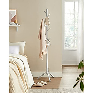 VASAGLE Solid Wood Coat Rack, Free Standing Coat Rack, Tree-Shaped Coat Rack with 8 Hooks, 3 Height Options, for Clothes, Hats, Bags, for Living Room, Bedroom, Home Office, White URCR04WT