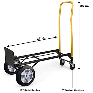 Simpli-Magic 800 lb Capacity 2 in 1 Convertible Hand Truck and Dolly with 10" Flat Free Rubber Wheels,Black with Yellow Handle.