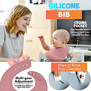 Mishall Baby Feeding Set – 10-Pcs Baby Heavy-Duty Supplies Set with Suction Plates, Bowls, Fork, Spoon, Baby Bibs – Food-Grade Silicone Utensil Set – Self-Feeding Supplies for Babies and Toddlers-Pink