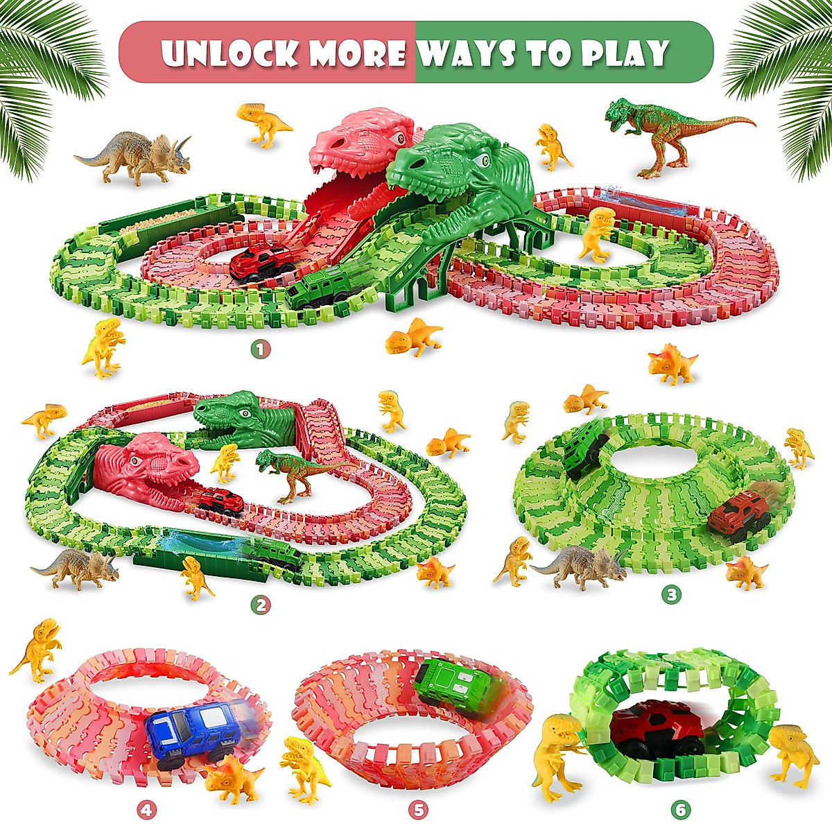 Dinosaur Toys for Kids Green and Pink Double Dinosaur Tracks Race Car Create Flexible Tracks Dinosaue World Playset 284 pcs for Gifts