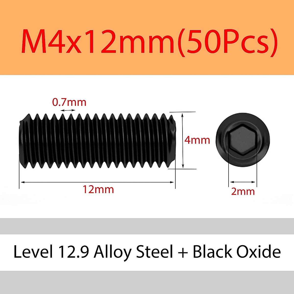 ORANXIN Socket Cap Set Screws Level 12.9 Alloy Steel Cup Point Hex Headless Grub Screw Allen Knobs M4 x 12mm 50 Pcs