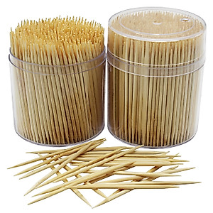 MontoPack Bamboo Wooden Toothpicks |1000-Piece Large Wood Round Toothpicks in Clear Plastic Storage Box | Sturdy Safe Double Sided Party, Appetizer, Olive, Barbecue, Fruit, Teeth Cleaning Toothpicks.