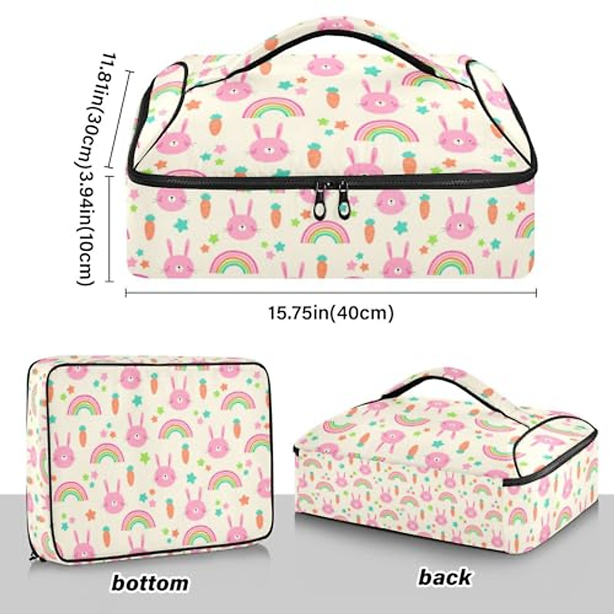 Kcldeci Insulated Thermal Food Carrier Insulated Casserole Carrier for Hot or Cold Food,Pink Rabbit with Carrot Rainbow Insulated Tote Bag for Potluck Cookouts Parties Picnic,Lasagna Lugger