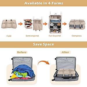Surblue Hanging Shelves Travel Compression Packing Cube for Carry-on Luggage Suitcase Collapsible Transformable Garment Closet Organizers Large Capacity, Beige, XXL