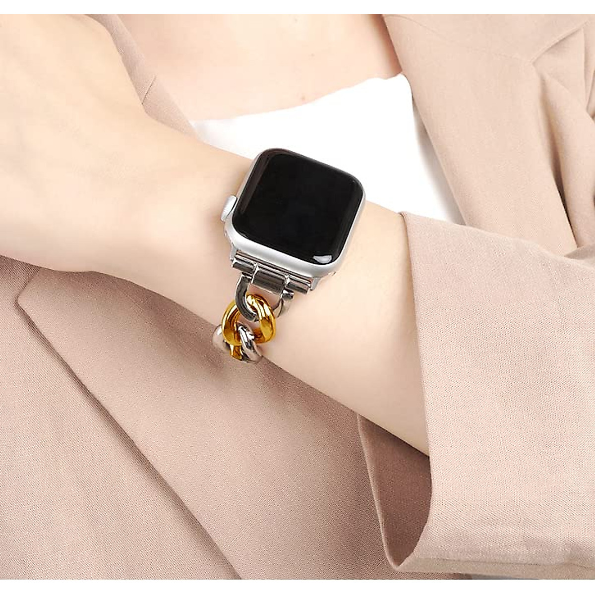 Kolgios 38/40/41mm Gold&Sliver Two Tone Cool Women Chain Smartwatch Bands Compatible for Apple Watch Series Band 9/8/7/6/SE/5 Stylish Adjustable Replacement Bracelet for Iwatch 8/9 Gift for Her