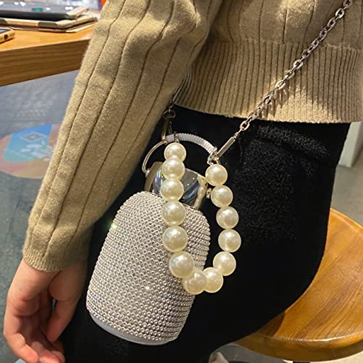 CLOTHIUM Diamond Water Bottle230ml,Leak-proof Rhinestone Studded Insulated Tumbler,Heat Resistant Crystal Water Glass with Lanyard for Birthday Christmas (Silver,one size)