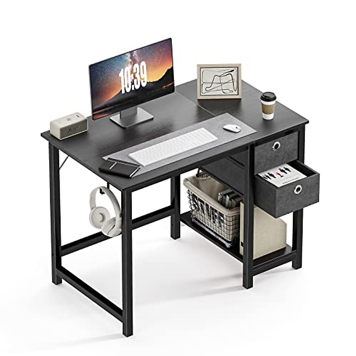 Computer Desk with Drawer 40 Inch Home Office Desk Writing Desk Work Desk PC Table Study Desk with 2-Tier Drawers Storage Shelf Headphone Hook, Modern Simple Style Laptop Desk for Bedroom, Gaming