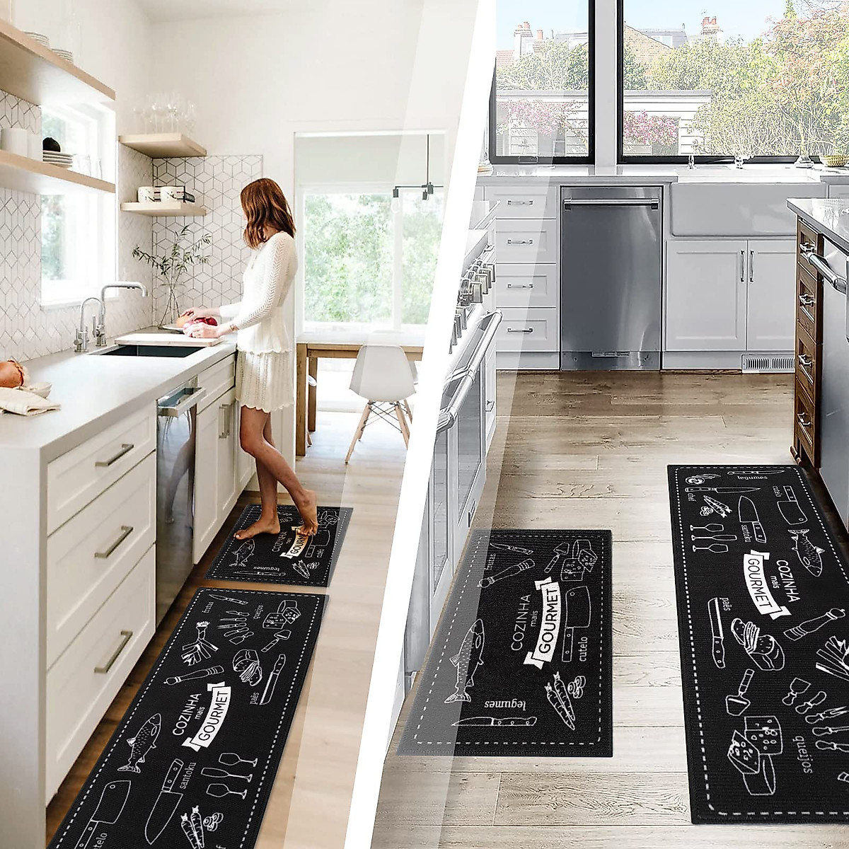 Carvapet 2 Piece Non-Slip Kitchen Mat Rubber Backing Doormat Runner Rug Set, Cozinha Design (Navy Blue 15"x47"+15"x23")