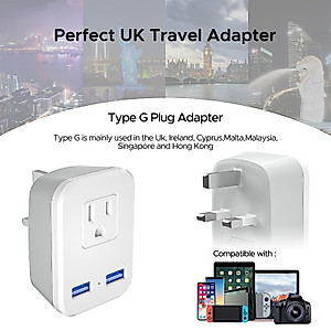[2-Pack] UK Ireland Power Plug Adapter, Type G Travel Adapter for US to London England Scotland British Hong Kong Kenya Dubai - UK Charger Adapter with 2 USB 1 Electrical Outlets