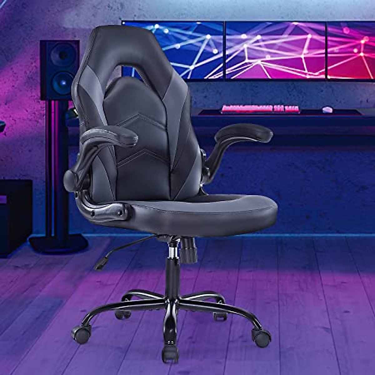 ZUNMOS Gaming Chair Office Chair Flip-up Armrest Chair with Soft Padded Height Adjustable Desk Chair Computer Chair with Lumbar Support for Gaming, Working, Grey