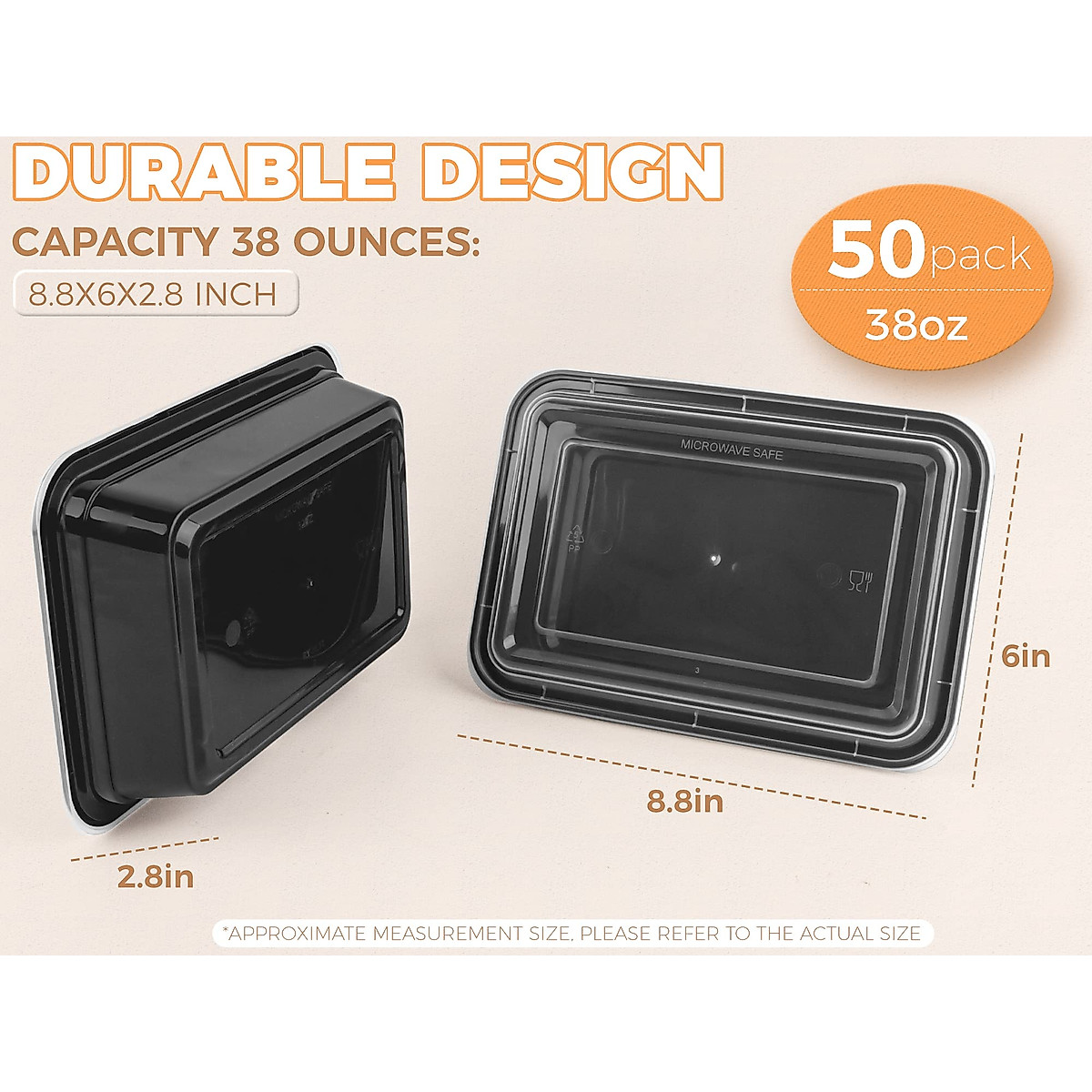 Golden State Art, 50 Pack 38 Oz Meal Prep Container, 1-Compartment Lunch Bento Box with Lid, BPA Free, Freezer, Microwave, Dishwasher Safe, Reusable