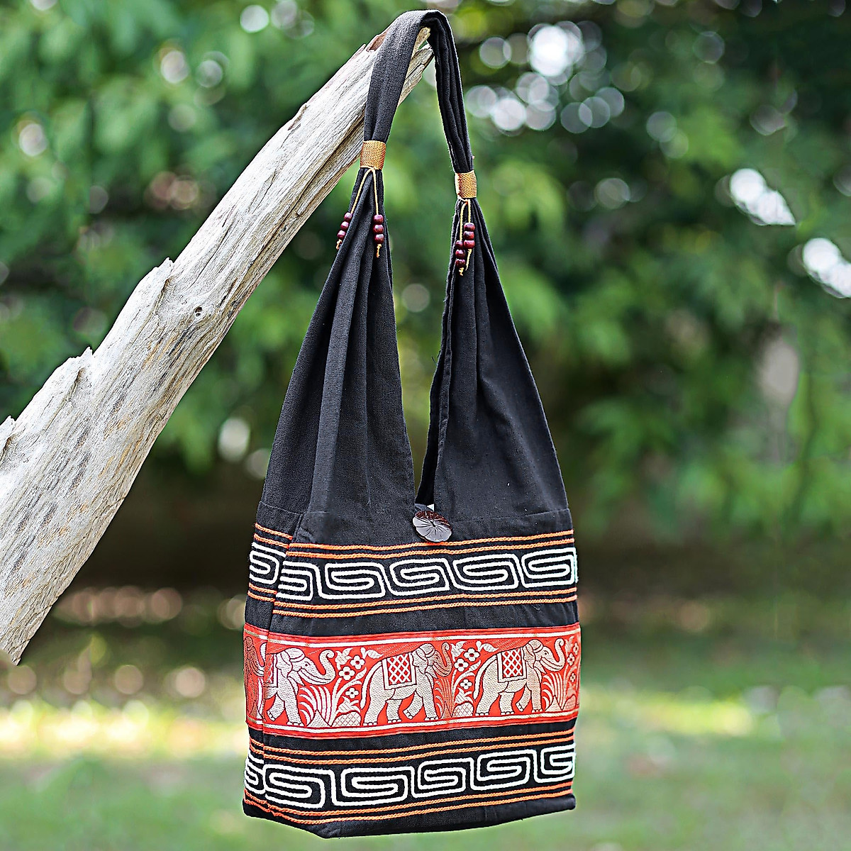 NOVICA Artisan Handmade Cotton Blend Shoulder Bag Black Vermilion from Thailand Wood Handbags Orange Gold Tone Embroidered Animal Themed Elephant ' Thai Elephants in Vermilion'