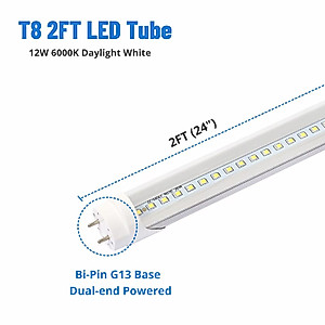 2FT LED Tube Light, T8 T10 Type B LED Light Bulb, 12W 5000K,1560LM High Bright, Replacement 24 Inch F20T12 Fluorescent,Double Ended Power, Clear Cover,4 Pack