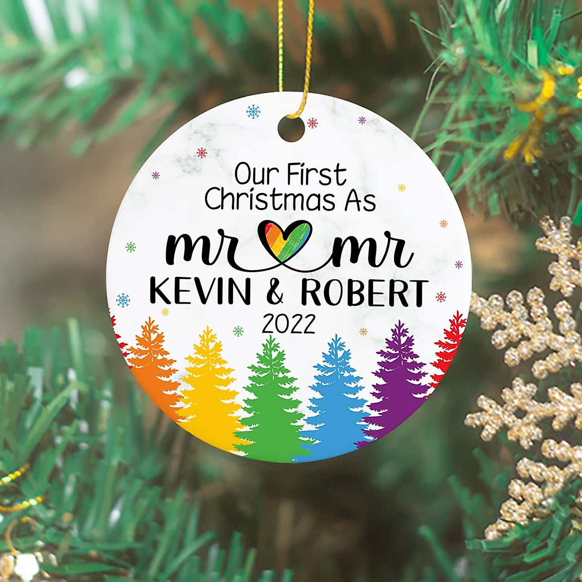 Personalized Gay Pride LGBT Christmas Tree Rainbow Ornament, Our First Christmas As Mr & Mr Ornament Gift for Couple Gay LGBT Newlywed Wedding, Custom Names Couple Gay 1st Xmas As Mr & Mr Ornament