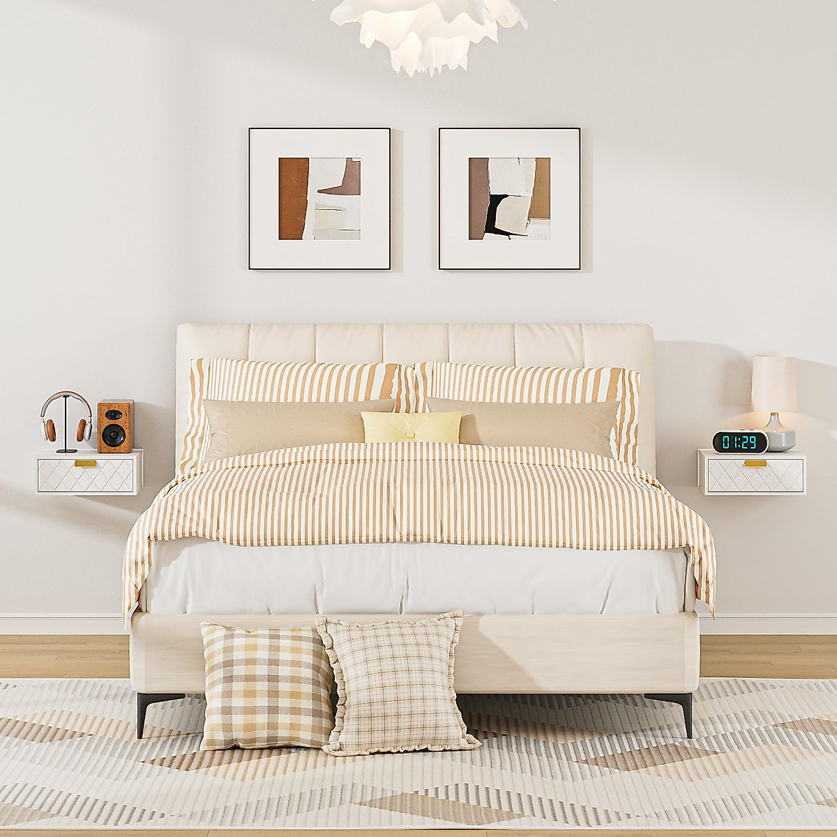 Aobafuir Floating Nightstand Shelf with Drawer, Small Modern Wall Mounted Nightstand, Shelves for Bedroom, White Diamond