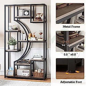 Etagere Bookcase, 70 Inch Tall Book Shelf with 9 Open Shelves, 40 inch Wide Industrial Wood Bookshelves with Metal Frame for Home Office Living Room and Bedroom, Gray Wash