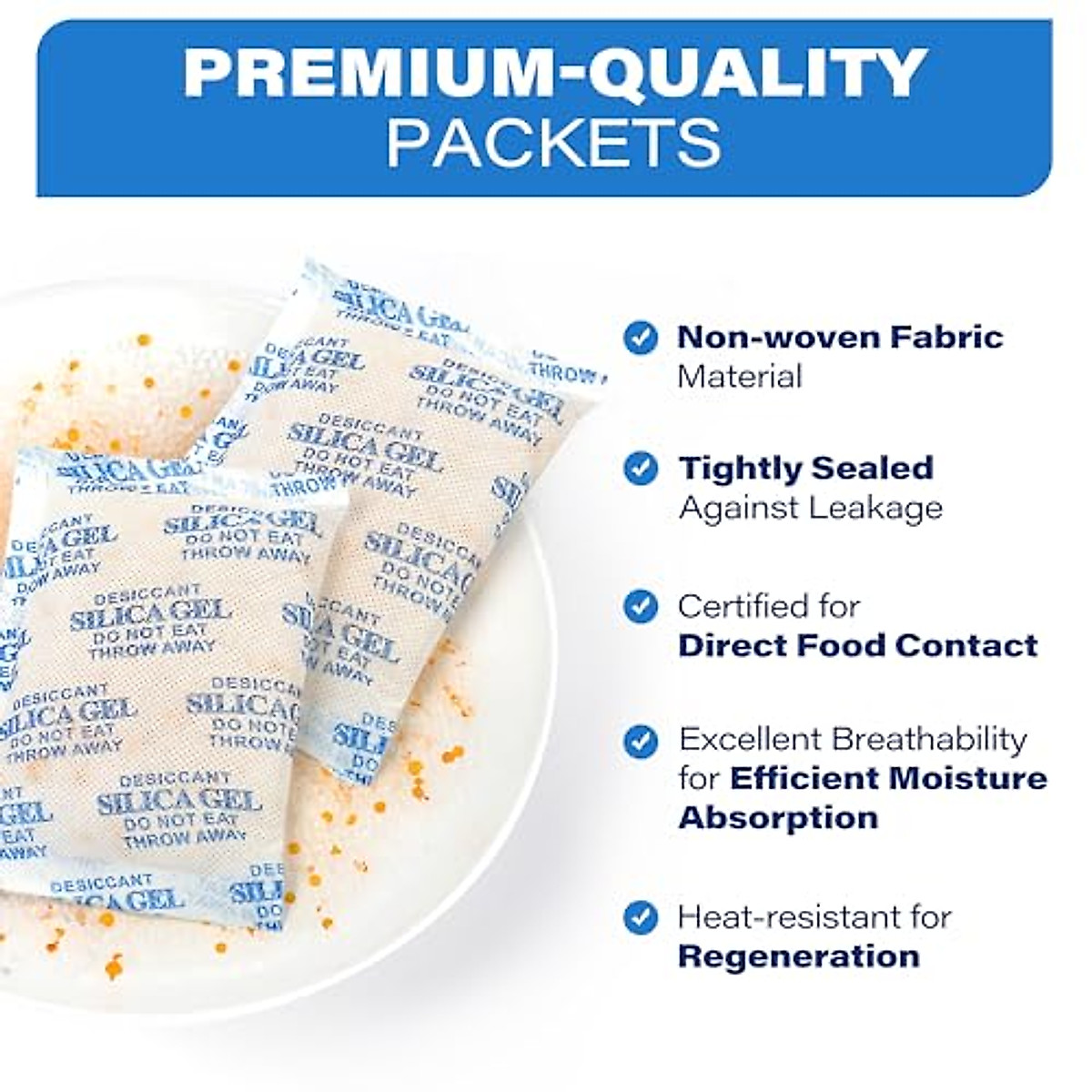 3/5/10/20/50 Gram Silica Gel Packets, 100Packs Total, Rechargeable Desiccant Packets with Orange Color Indicating, Food Safe Silica Gel for Moisture Absorbing