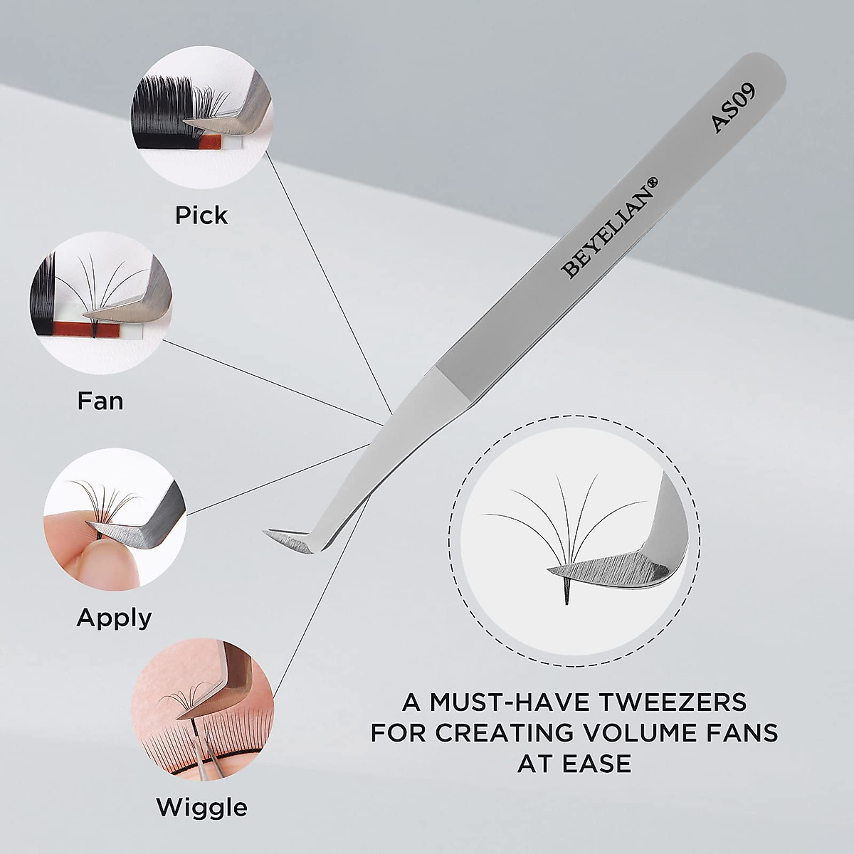 Volume Lash Tweezers Beyelian Lash Tweezers for Eyelash Extensions, Curved L High Precision Tip for Mega Fans, Stainless Steel AS09 Silver.