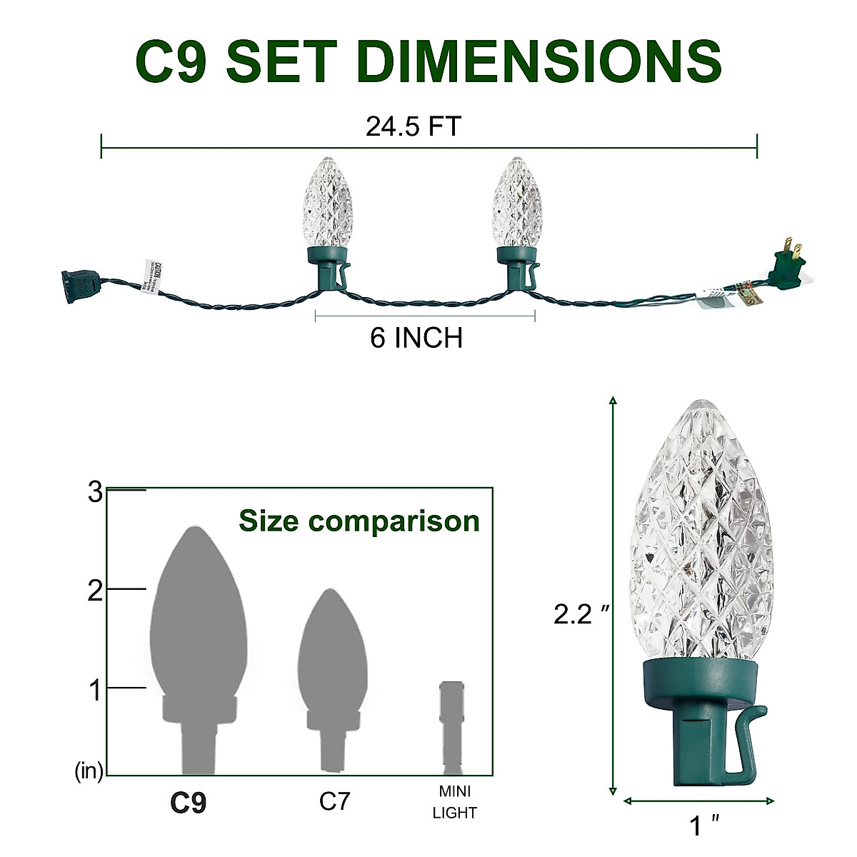 C9 Christmas Lights, 50 LEDs 24.5 FT Faceted String Lights Connectable Commercial Grade Indoor Outdoor, 120V UL Certified Xmas Strawberry Tree Light Strand for Garden Patio Parties, Warm White