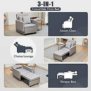 SELLERWE Upgrade Convertible Chair Bed, 3-in-1 Sleeper Chair with Adjustable Backrest, Pull Out Sofa Bed with 2 Pillows for Apartment, Living Room, Bedroom (Grey - Linen Fabric)