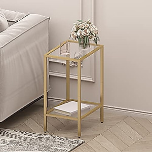 HOMSHO Side Tables Set of 2, End Tables with Tempered Glass, 2-Tier Nightstands with Storage Shelves, Slim Sofa Table for Living Room, Bedroom (2, Golden)