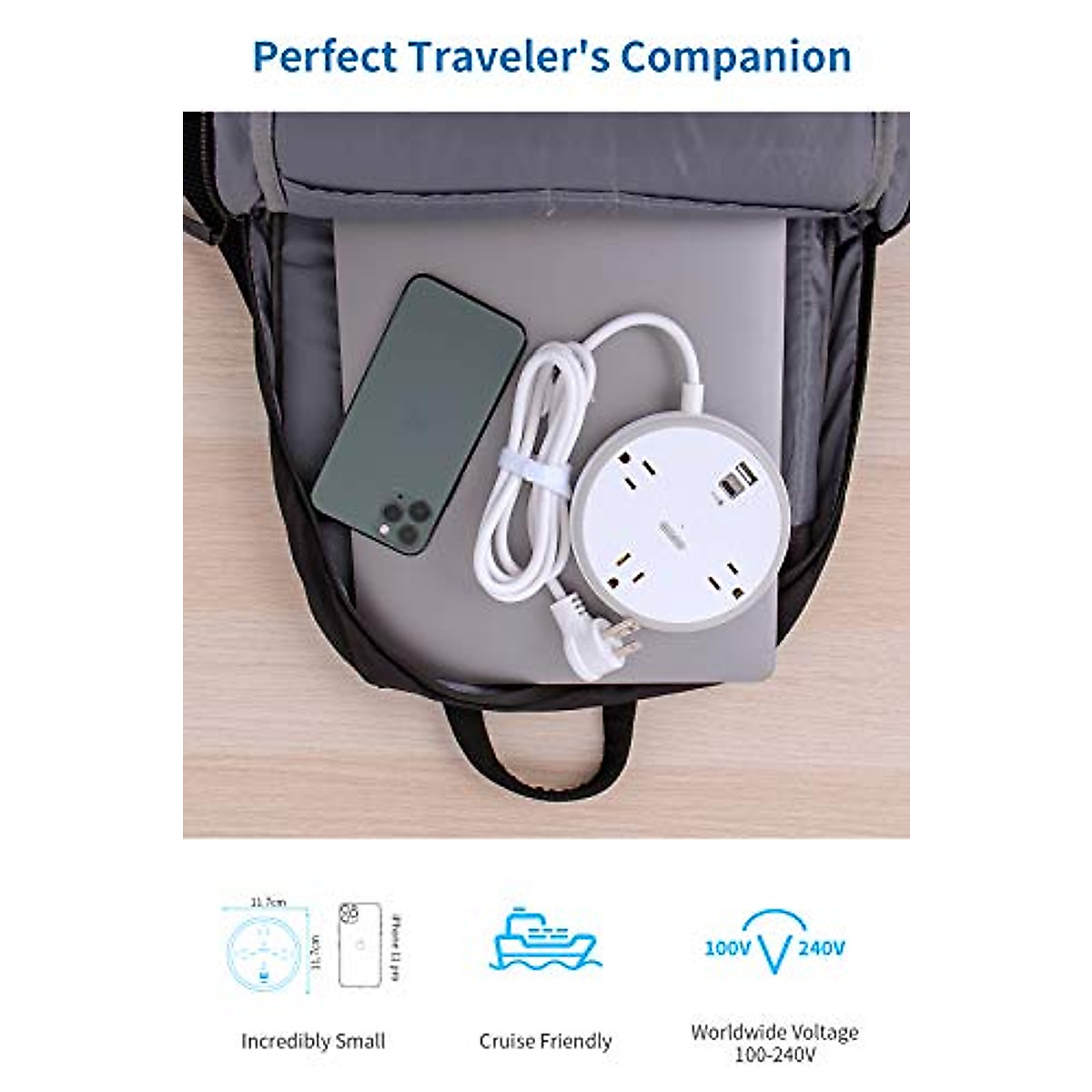 Power Strip with USB C, NTONPOWER Flat Plug Power Strip with USB Ports, 3 Widely Spaced Outlets, Extension Cord with Multiple Outlets, Small and Compact Size,100-240V for International Travel