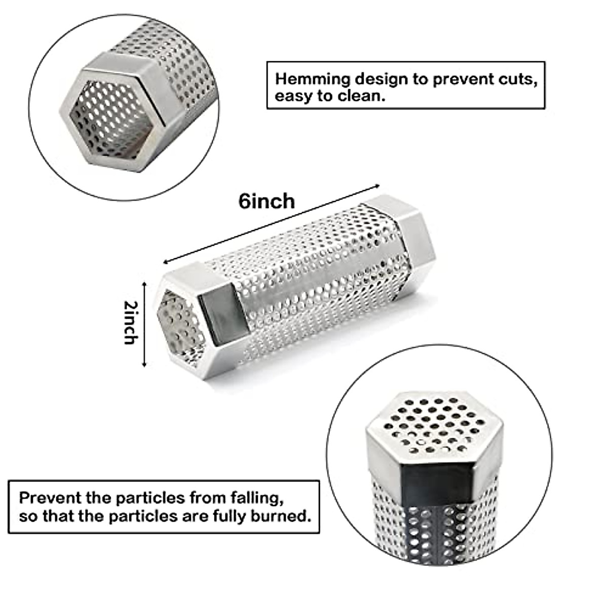 Meshscreen Pellet Smoker Tube 6 inches - 5 Hours of Billowing Smoke，Stainless Steel Pellet Smoker Tube for All Grill or Smoker for Cold/Hot Smoking,with 2 S Shape Hooks+1 Cleaning Brush
