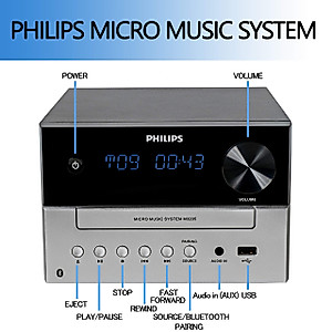 Philips Bluetooth Stereo System for Home with CD Player, MP3, USB, Audio in, FM Radio, Bass Reflex Speaker, 18W, Remote Control Included