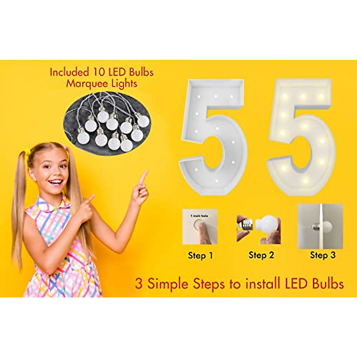 3FT Marquee Light Up Numbers Pre-Cut Frame Giant Marquee Numbers 5, Mosaic Numbers for Balloons, 15th 25th 50th 65th Birthday Decorations for Women Men, 50th Anniversary Decorations, Party Decor