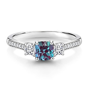 Gem Stone King 925 Sterling Silver Customized and Personalized 5MM and 3MM Cushion Cut Gemstone Birthstone and White Moissanite 3 Stone Name Engraved Engagement Ring For Women (Size 6)