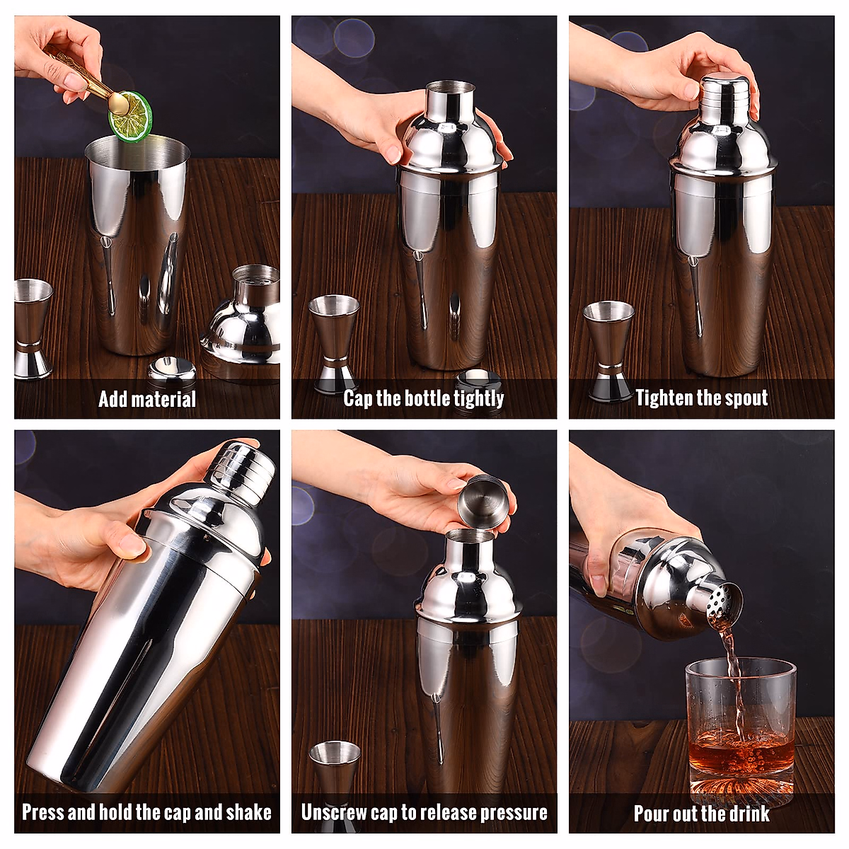 4 Packs Cocktail Shaker Set Martini Shaker Bulk Stainless Steel Martini Mixer with Strainer Drink Shaker with Double Measuring Jigger for Bar Party Home Use Wine Shaker Bar Mixing Tool (25 oz/ 750 ml)