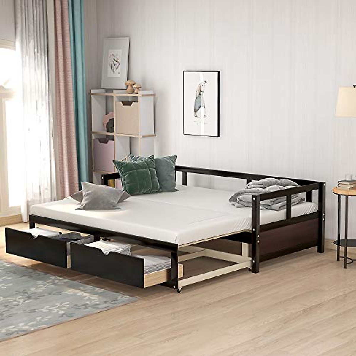 Wood Daybed with Trundle and 2 Storage Drawers Extendable Storage Sofa Bed Frame with Wooden Slats for Bedroom Living Room Guest Room, Convertible Twin To King Design, No Box Spring Needed (Espresso)