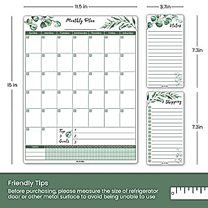 ALEZEL Magnetic Dry Erase Calendar for Fridge, Greenery Monthly Fridge Calendar Whiteboard Set - Vertical Monthly Calendar for Refrigerator, Grocery & to Do List White Board, 3 Markers + Eraser