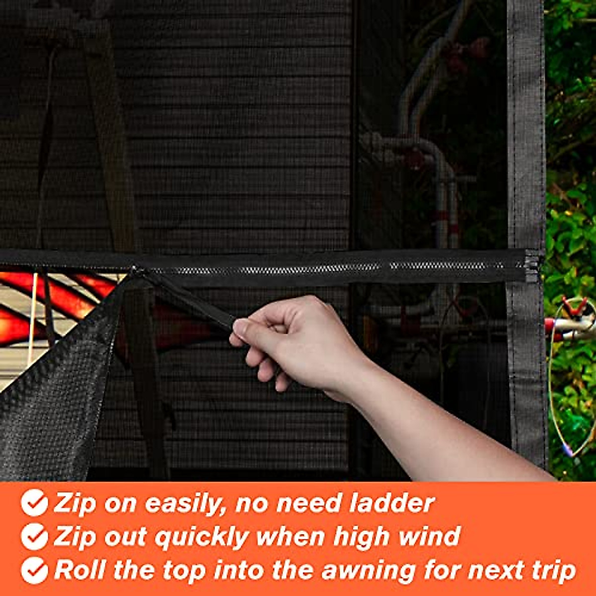 WELLUCK RV Awning Sun Shade Screen with Zipper, 9'X15' Black Mesh Camper Sunshade RV Awning Accessories, UV Blocker Privacy Screen Complete Kit for Motorhome Camper Travel Trailer Canopy