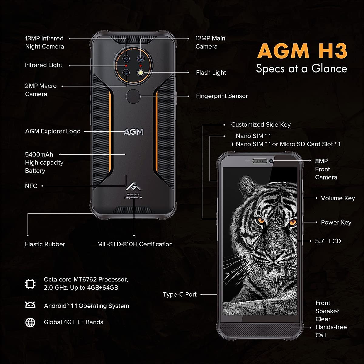 AGM H3 Rugged Smartphone, Rugged Phone Unlocked Android 11 4G LTE, 13MP Infrared Night Quad Camera, IP68/IP69K Waterproof, 5.7" HD+ Screen 4GB+64GB, 5400mAh Battery, 2W Loud Speaker/PTT/GPS/NFC Black