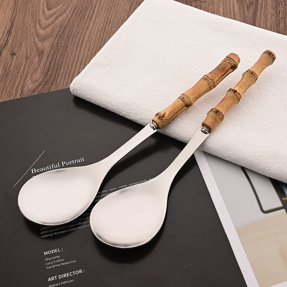 Natural Bamboo Handle Serving Spoons Set of 6, Large Size Stainless Steel Dinner Buffet Catering Banquet Serving Spoons, 10.0" Silver Big Ladle Tablespoons for Home, Family Serving Utensils