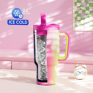 Meoky 32 oz Tumbler with Handle and Flip Straw, 100% Leakproof Tumbler with Lid and Straw, Stainless Steel Insulated Cup, Cupholder Friendly, Keeps Cold for 24 Hours (Carnival)