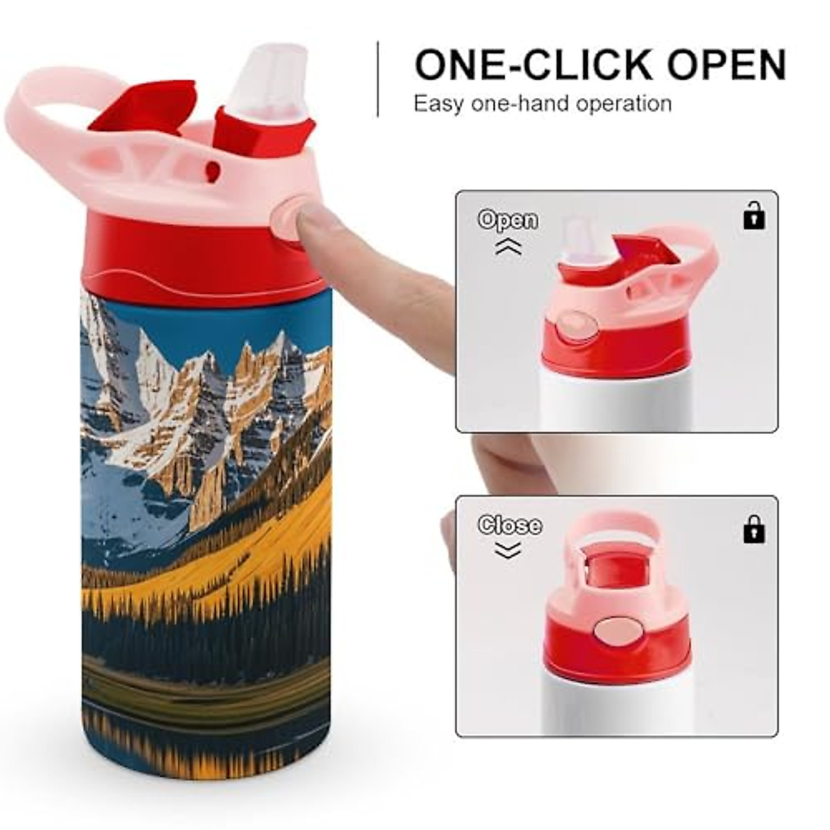 Stainless Steel Water Bottles Rocky Mountain Range Travel Water Cups with Handle And Silicone Straw Drinking Cup with Leak Proof Lid Thermo Travel Mug for Women Men