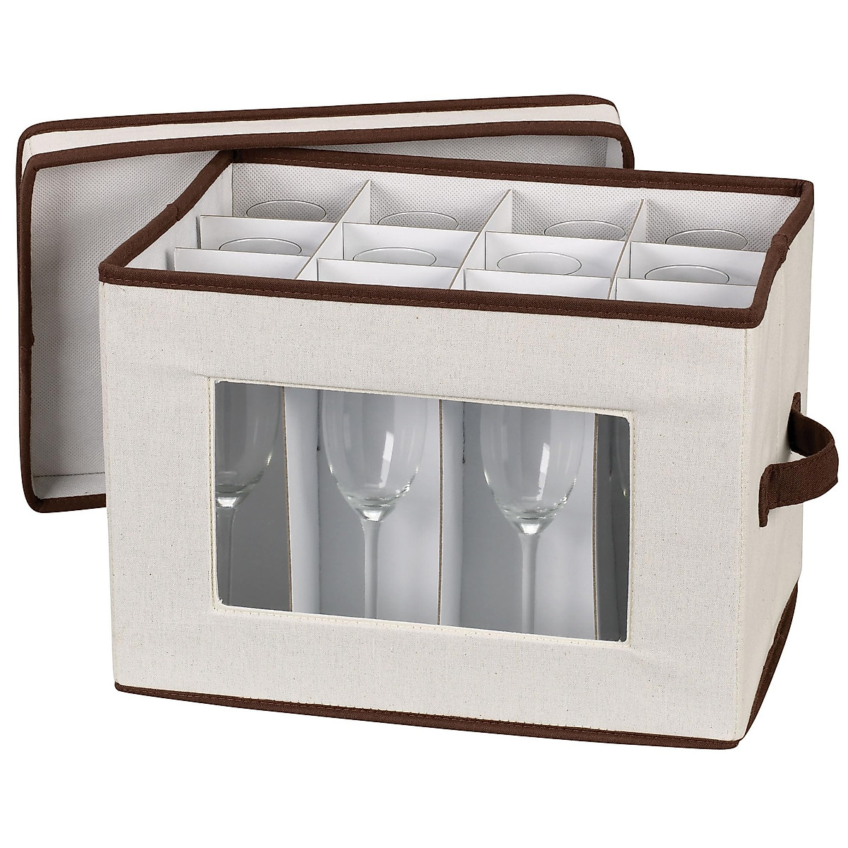 Household Essentials Natural 544 Stemware Storage Box with Lid and Handles | Champagne Glasses Canvas with Brown Trim