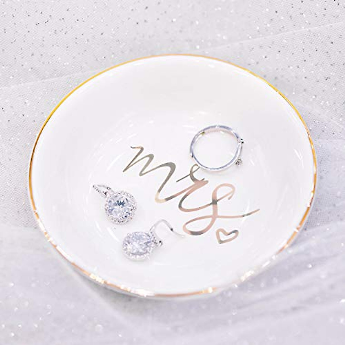 Quany Life Mrs Jewelry Dish Ceramic Ring Trinket Tray Wedding Gift for Bride Desk Storage for Mrs Engaged Gifts Mr Mrs Gold Engagement Gifts Friend