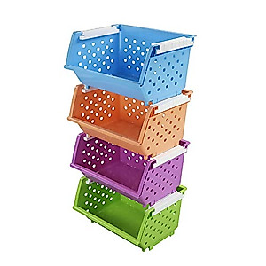 Lesbin 4-Pack Plastic Stackable Storage Baskets, Colored Stacking Bin
