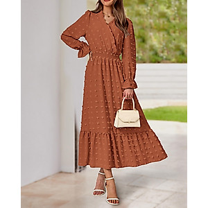 BTFBM Women Fall Dresses 2023 Long Sleeve V Neck Swiss Dots Maxi Dress Boho Long Dress High Waisted A-Line Ruffle Dress(Solid Orange,Large)