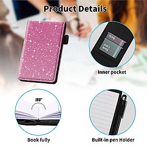 RYUITHDJP Small Memo Pad Notepad with Bling Theme, Mini Pocket Notepad Holder + 1 Pen + 2 Pieces Memo Book Refills 30 Lined Paper Note Pad