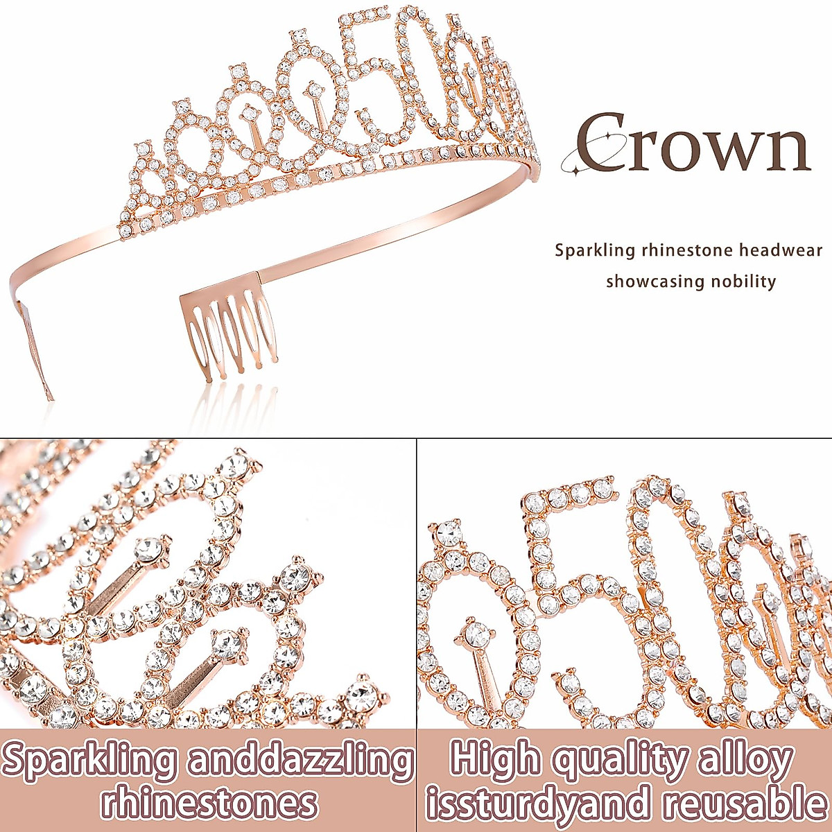 50th Birthday Decorations Gifts for Women Birthday Party Favors Including 50th Crown/Tiara,"Birthday fabulous" 50th Sash,50th Birthday Candles and Cake Toppers, Rose Gold 50th Balloons
