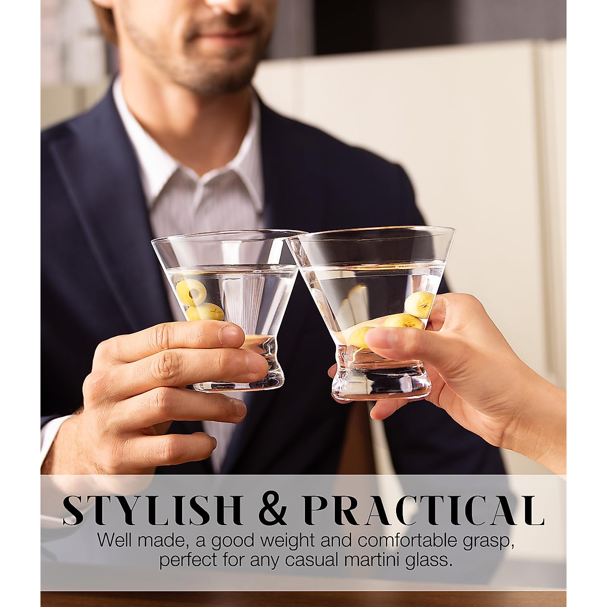 LUNA & MANTHA Martini Glasses Set of 4, Stemless Martini Cocktail Glasses for Margarita, Manhattan, Cosmopolitan, Home Bar, Evening Parties, Birthdays, Housewarming Gift, Crystal Clear 8 OZ