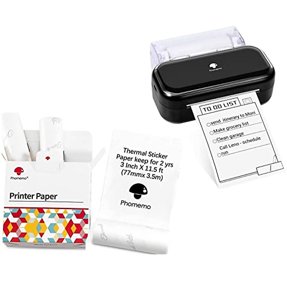 Phomemo M03 Pocket Printer- Portable Printer Photo Printer with 3 Roll 3 Inch Black on White, 77mm x 3.5m, 3 Inch X 11.5 ft, Compatible with iOS + Android for Photos, Journalist, Work, Plan-Black